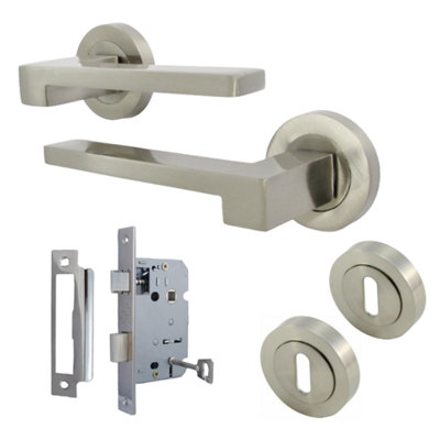 UNO-3 Door Handle Lock Key Set Modern Satin Nickel Lever on Rose ...