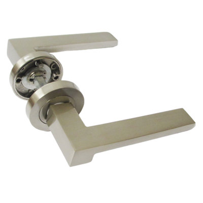UNO-3 Door Handle Lock Key Set Modern Satin Nickel Lever on Rose ...