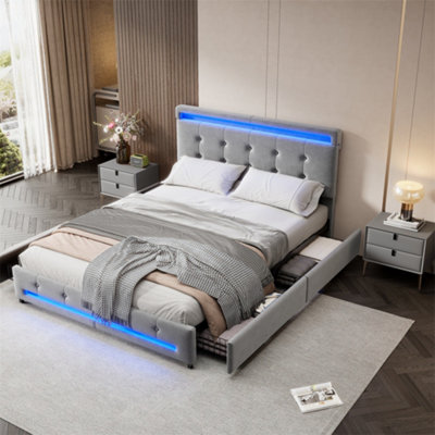 Upholstered Bed, 4ft6 Double Bed 135x190cm, 4 Drawers with Pulleys ...