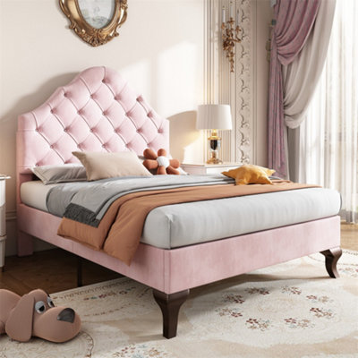 Upholstered Bed with Height adjustable Headboard Youth Bed Single Bed Wooden Slat Support Easy Assembly Velvet Pink