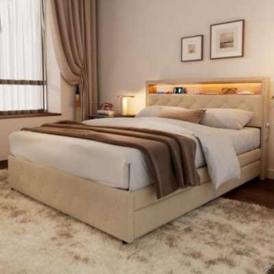 Upholstered LED Light Double Bed Frame with 4 Storage Drawers Under Bed ...
