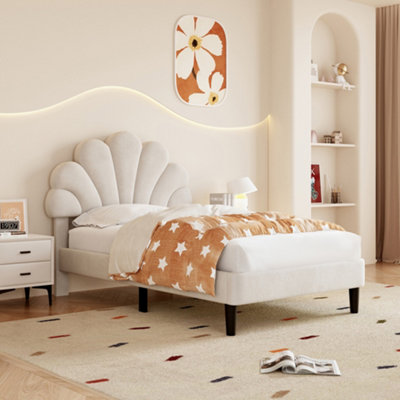 Upholstered Velvet Bed Frame with Adjustable Chic Petal Headboard Solid Wood Slat No Box Spring Needed