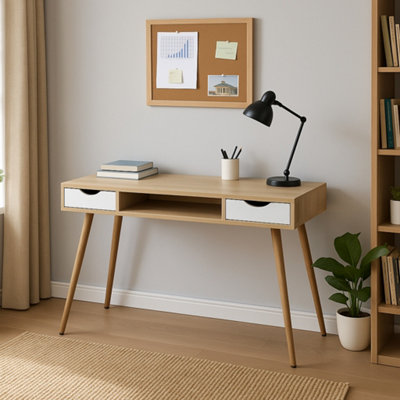 URBAN MEUBLE Oak Effect Desk with White Drawers and Wooden Legs