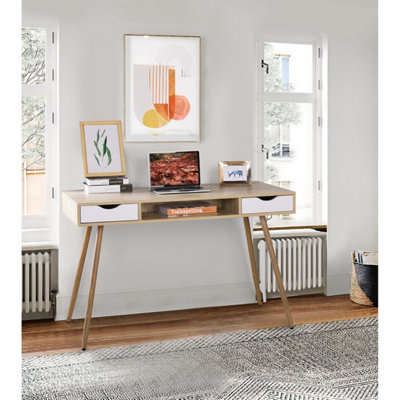 URBAN MEUBLE Oak Effect Desk with White Drawers and Wooden Legs