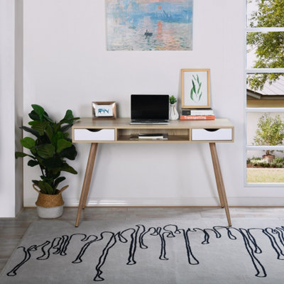 URBAN MEUBLE Oak Effect Desk with White Drawers and Wooden Legs