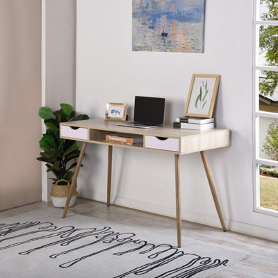 URBAN MEUBLE Oak Effect Desk with White Drawers and Wooden Legs