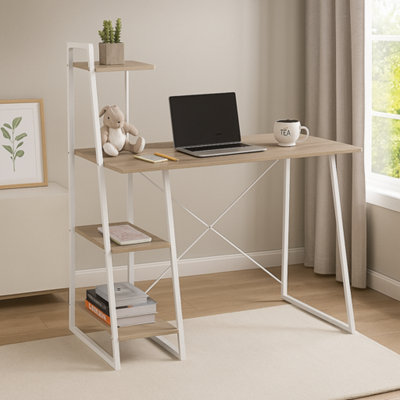 URBAN MEUBLE Oak Effect Desk with White Metal Frame and Shelves