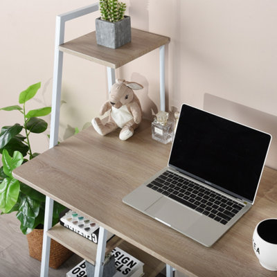 URBAN MEUBLE Oak Effect Desk with White Metal Frame and Shelves