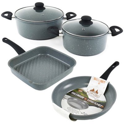 URBN-CHEF 4pcs Carbon Steel Marble Grey Non Stick Casserole Pots, Grill ...