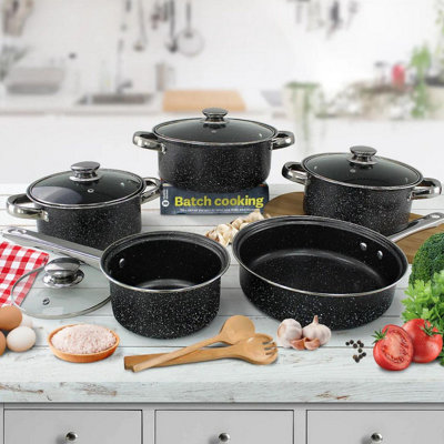 URBN-CHEF 8pcs Black Marble Look Steel Cookware Set Saucepan Lids ...