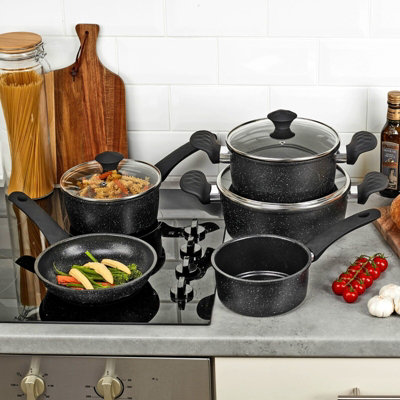 URBNCHEF 24cm Depth 5 Pieces 2 Casserole Pots Saucepan & Frying Pan ...