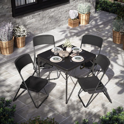 URBNGARDEN 80cm Width Black Rattan Wood Look Square Folding Garden Table
