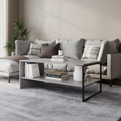 URBNLIVING 100cm Width Grey Steel Frame Wooden Coffee Table & 2 x 40cm ...