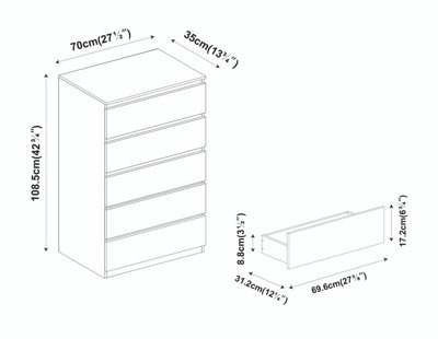 URBNLIVING 109cm Height 5 Grey Drawer Wooden Bedroom Chest Cabinet ...