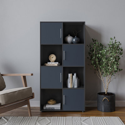 URBNLIVING 119cm Height 8 Cube Bookcase Black Wood Grey Door Metal ...