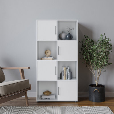 URBNLIVING 119cm Height 8 Cube Bookcase White Wood Door Metal Handle ...