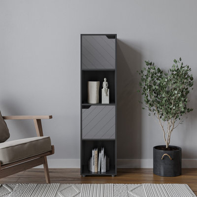 URBNLIVING 119cm Height Black Wooden 4 Cubes Bookcase with Grey Line ...