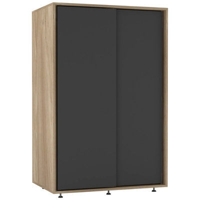 URBNLIVING 120cm Height Oak Carcass with 2 Black Sliding Doors Wardrobe ...