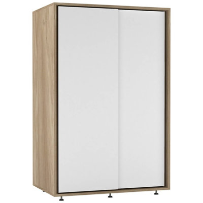 URBNLIVING 120cm Height Oak Carcass with 2 White Sliding Doors Wardrobe ...