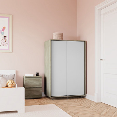 URBNLIVING 120cm Height Oak Carcass with 2 White Sliding Doors Wardrobe ...
