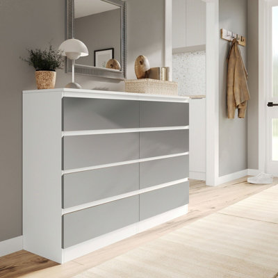 URBNLIVING 120cm Wide White Wooden Chest of Grey 8 Drawers Bedroom ...
