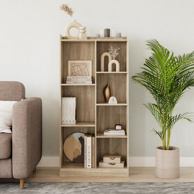 URBNLIVING 128cm Height Tall Oak Wooden 7 Cube Bookcase Shelving ...