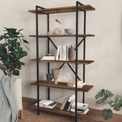 URBNLIVING 160cm Height Burnt Oak 5-Tier Wooden Bookshelf With Metal ...