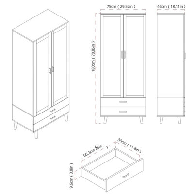 URBNLIVING 180cm Height Ash Grey Wardrobe with Mirror White 2 Door 2 ...