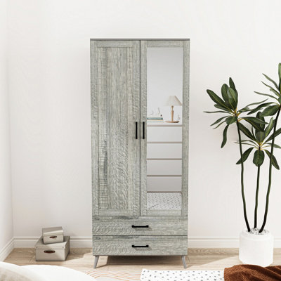 URBNLIVING 180cm Height Grey Mirror Wardrobe with Ash Grey 2 Door 2 ...