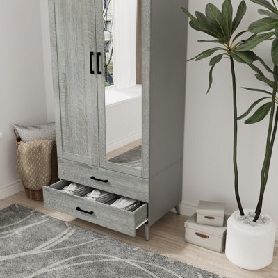 URBNLIVING 180cm Height Grey Mirror Wardrobe with Ash Grey 2 Door 2 ...