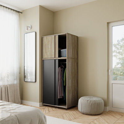 URBNLIVING 180cm Height Oak Carcass with 4 Sliding Black Doors Wardrobe ...