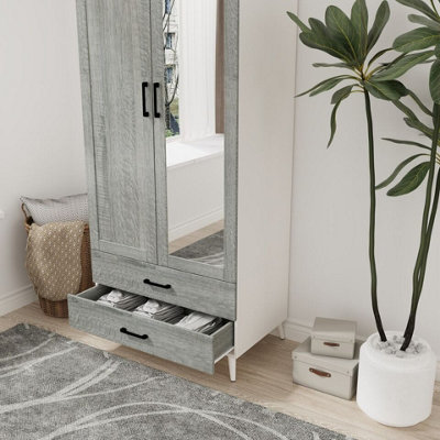 URBNLIVING 180cm Height White Mirror Wardrobe with Ash Grey 2 Door 2 ...