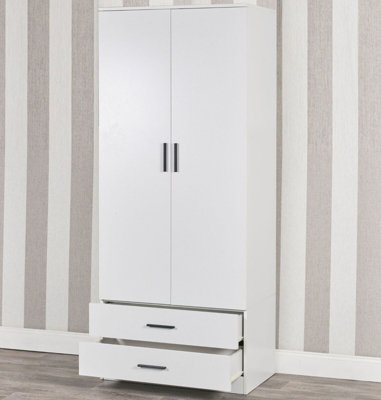 URBNLIVING 180cm Tall 2 Door Wardrobe With 2 Drawers White Carcass and White Drawers Bedroom Storage