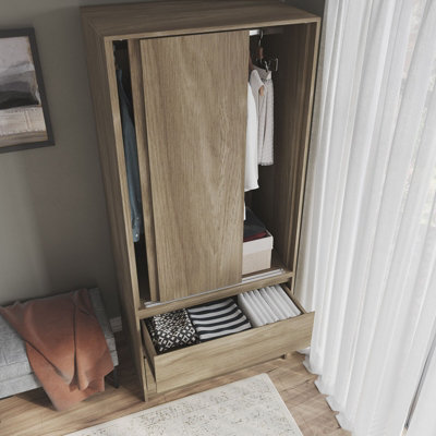 URBNLIVING 2 Sliding Doors Wardrobe 2 Drawer Bedroom Clothes Hanging Rail Oak Carcass with Oak ...