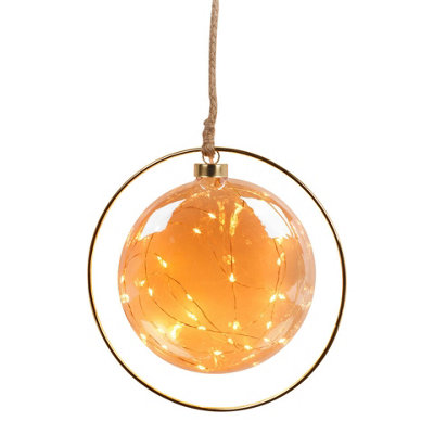 URBNLIVING 20cm Depth Hanging Gold Ring Orb 30 LED with Jute Rope Fairy ...