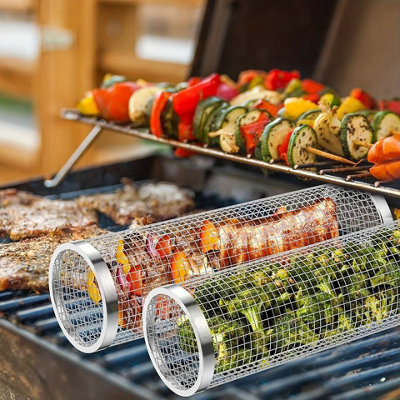URBNLIVING 20cm Height Rolling BBQ Grill Basket Cooking Cylinder Net ...