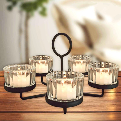 URBNLIVING 21CM WIDTH 5-ARM GLASS & BLACK METAL TEA LIGHT CANDLE HOLDER ...