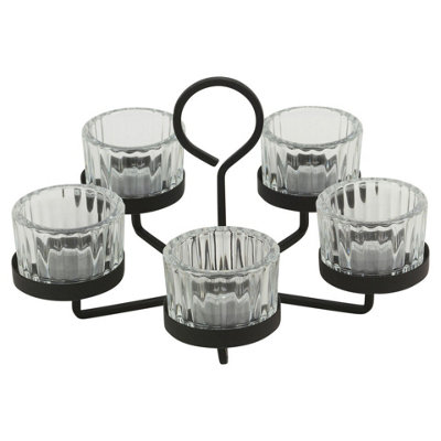 URBNLIVING 21CM WIDTH 5-ARM GLASS & BLACK METAL TEA LIGHT CANDLE HOLDER ...