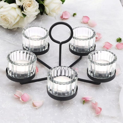 URBNLIVING 21CM WIDTH 5-ARM GLASS & BLACK METAL TEA LIGHT CANDLE HOLDER ...