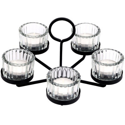URBNLIVING 21CM WIDTH 5-ARM GLASS & BLACK METAL TEA LIGHT CANDLE HOLDER ...