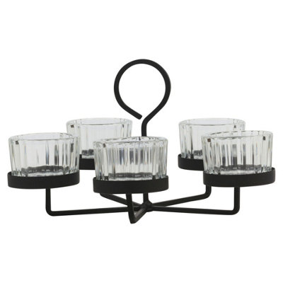 URBNLIVING 21CM WIDTH 5-ARM GLASS & BLACK METAL TEA LIGHT CANDLE HOLDER ...