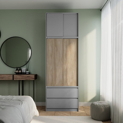 URBNLIVING 240cm Height Grey Carcass with 2 Sliding Oak Doors Wardrobe ...