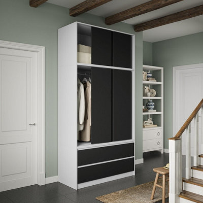 URBNLIVING 240cm Height White Carcass 6 Sliding Black Door 4 Drawer ...