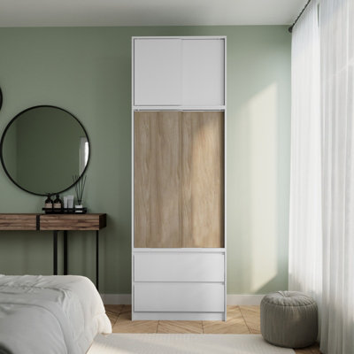 URBNLIVING 240cm Height White Carcass with 2 Sliding Oak Doors Wardrobe ...