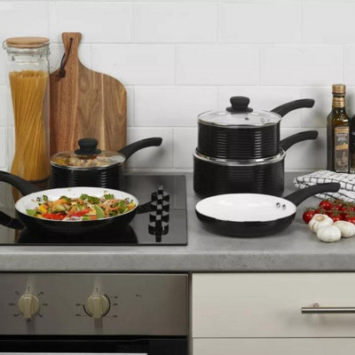 URBNLIVING 24cm Diameter Black Ribbed Aluminium Induction Hob Cookware ...