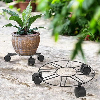 URBNLIVING 25cm Diameter Black Metal Flower Plant Pot Trolley Roller ...
