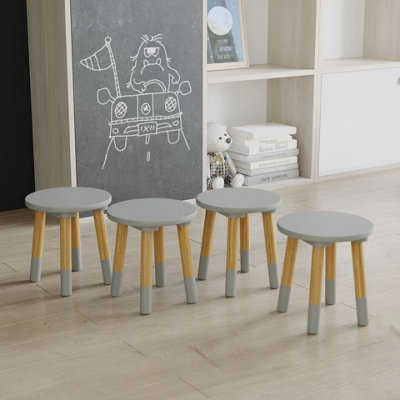 URBNLIVING 26cm Height 4 Pcs Wooden Round Grey Chair Toddlers Kids ...