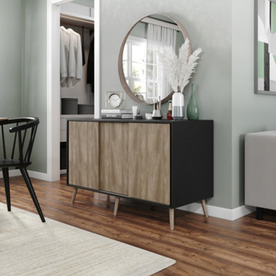 URBNLIVING 3-Door Sliding Cabinet Sideboard Black Carcass with Oak ...