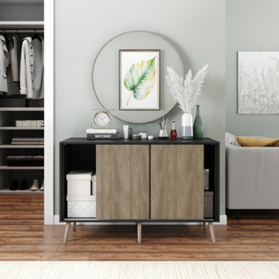 URBNLIVING 3-Door Sliding Cabinet Sideboard Black Carcass with Oak ...