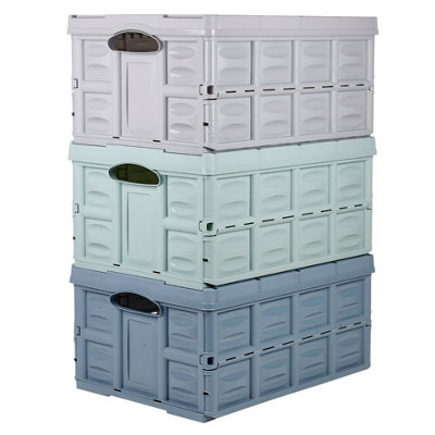 URBNLIVING 3 Pcs 25cm Height 45L Folding Collapsible Plastic Storage Crate Box One Of Each Colour